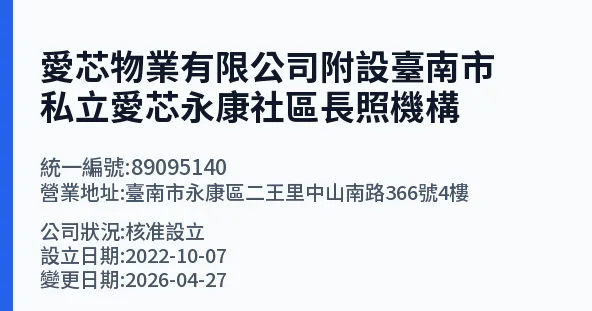愛芯物業有限公司附設臺南市私立愛芯永康社區長照機構的照片-統編 89095140(臺南市) 公司登記資料與營業項目詳細圖表