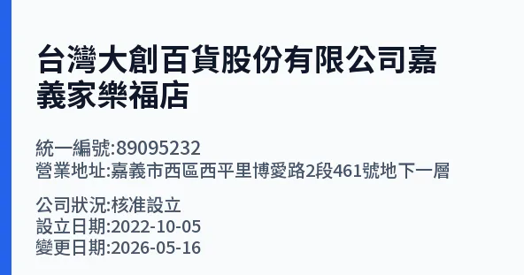 台灣大創百貨股份有限公司嘉義家樂福店的照片-統編 89095232(嘉義市) 公司登記資料與營業項目詳細圖表