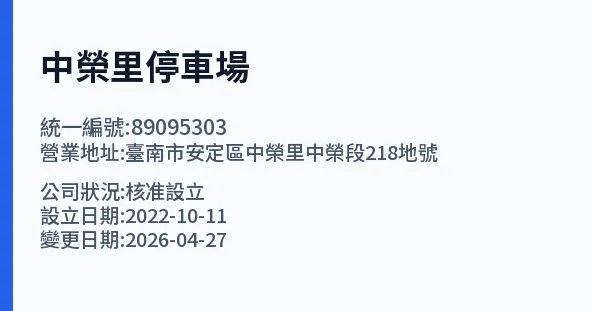 中榮里停車場的照片-統編 89095303(臺南市) 公司登記資料與營業項目詳細圖表