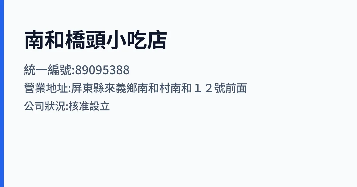 南和橋頭小吃店 - 統編 89095388(屏東縣) 公司登記資料與營業項目詳細圖表