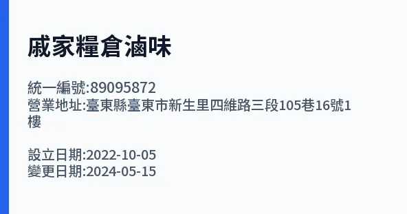 戚家糧倉滷味的照片-統編 89095872(臺東縣) 公司登記資料與營業項目詳細圖表
