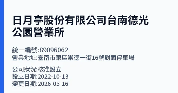日月亭股份有限公司台南德光公園營業所的照片-統編 89096062(臺南市) 公司登記資料與營業項目詳細圖表