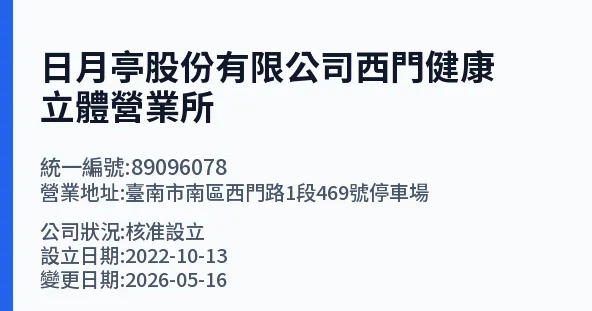 日月亭股份有限公司西門健康立體營業所的照片-統編 89096078(臺南市) 公司登記資料與營業項目詳細圖表