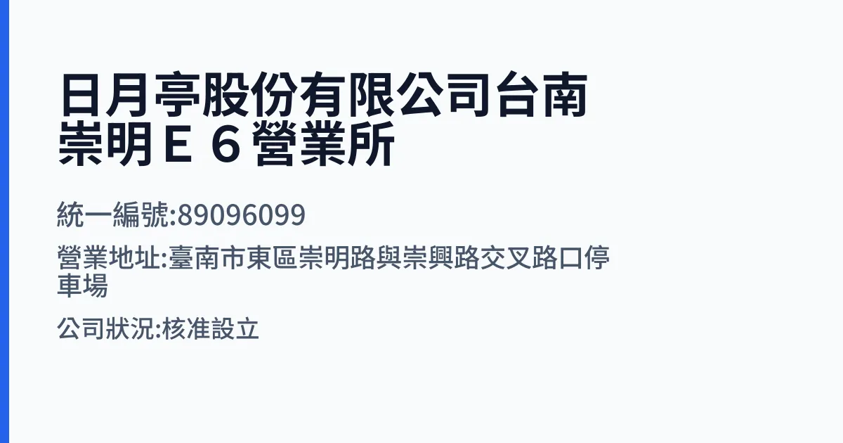 日月亭股份有限公司台南崇明Ｅ６營業所 - 統編 89096099(臺南市) 公司登記資料與營業項目詳細圖表