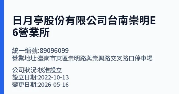 日月亭股份有限公司台南崇明E6營業所的照片-統編 89096099(臺南市) 公司登記資料與營業項目詳細圖表