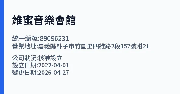維蜜音樂會館的照片-統編 89096231(嘉義縣) 公司登記資料與營業項目詳細圖表