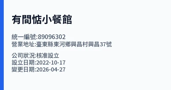 有間惦小餐館的照片-統編 89096302(臺東縣) 公司登記資料與營業項目詳細圖表
