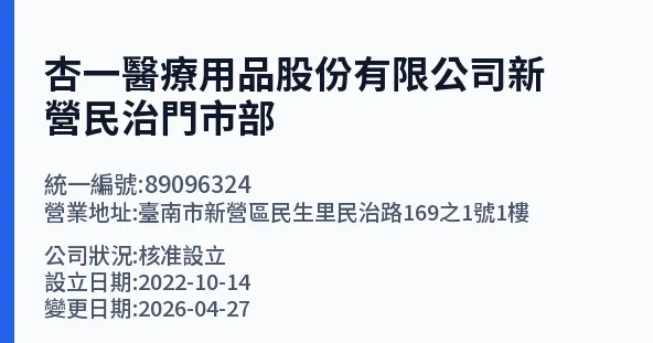 杏一醫療用品股份有限公司新營民治門市部的照片-統編 89096324(臺南市) 公司登記資料與營業項目詳細圖表