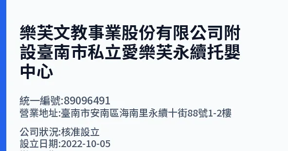 樂芙文教事業股份有限公司附設臺南市私立愛樂芙永續托嬰中心的照片-統編 89096491(臺南市) 公司登記資料與營業項目詳細圖表