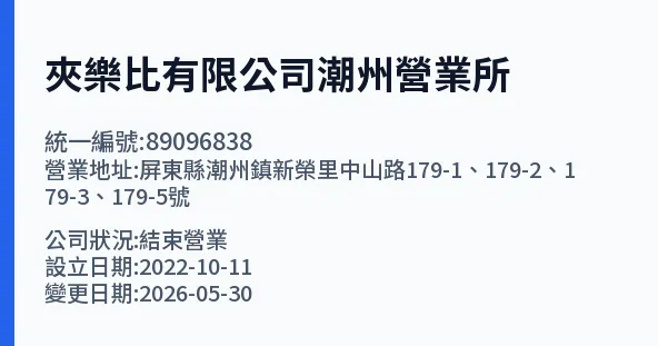 夾樂比有限公司潮州營業所的照片-統編 89096838(屏東縣) 公司登記資料與營業項目詳細圖表