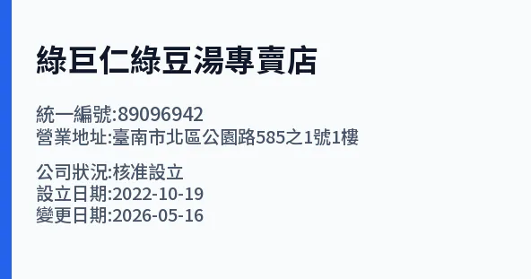 綠巨仁綠豆湯專賣店的照片-統編 89096942(臺南市) 公司登記資料與營業項目詳細圖表