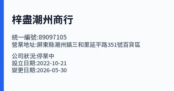 梓盡潮州商行的照片-統編 89097105(屏東縣) 公司登記資料與營業項目詳細圖表