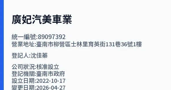 廣妃汽美車業的照片-統編 89097392(臺南市) 公司登記資料與營業項目詳細圖表