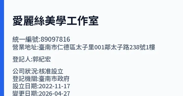 愛麗絲美學工作室的照片-統編 89097816(臺南市) 公司登記資料與營業項目詳細圖表