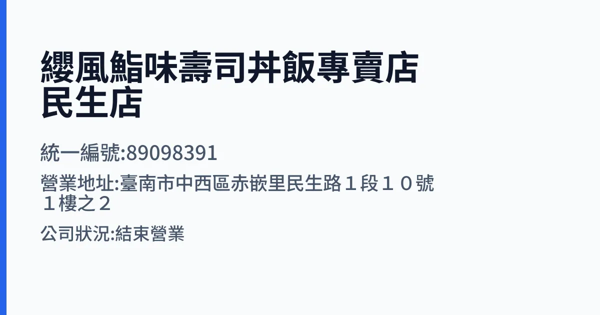 纓風鮨味壽司丼飯專賣店民生店 - 統編 89098391(臺南市) 公司登記資料與營業項目詳細圖表