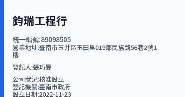 鈞瑞工程行的照片-統編 89098505(臺南市) 公司登記資料與營業項目詳細圖表