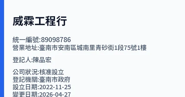 威霖工程行的照片-統編 89098786(臺南市) 公司登記資料與營業項目詳細圖表