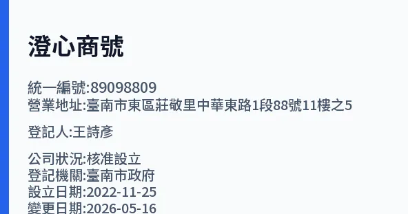 澄心商號的照片-統編 89098809(臺南市) 公司登記資料與營業項目詳細圖表