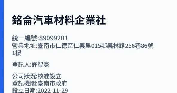 銘侖汽車材料企業社的照片-統編 89099201(臺南市) 公司登記資料與營業項目詳細圖表