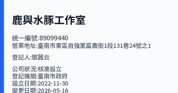 鹿與水豚工作室的照片-統編 89099440(臺南市) 公司登記資料與營業項目詳細圖表