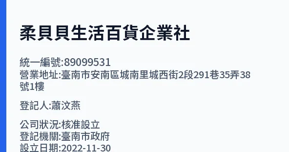 柔貝貝生活百貨企業社的照片-統編 89099531(臺南市) 公司登記資料與營業項目詳細圖表