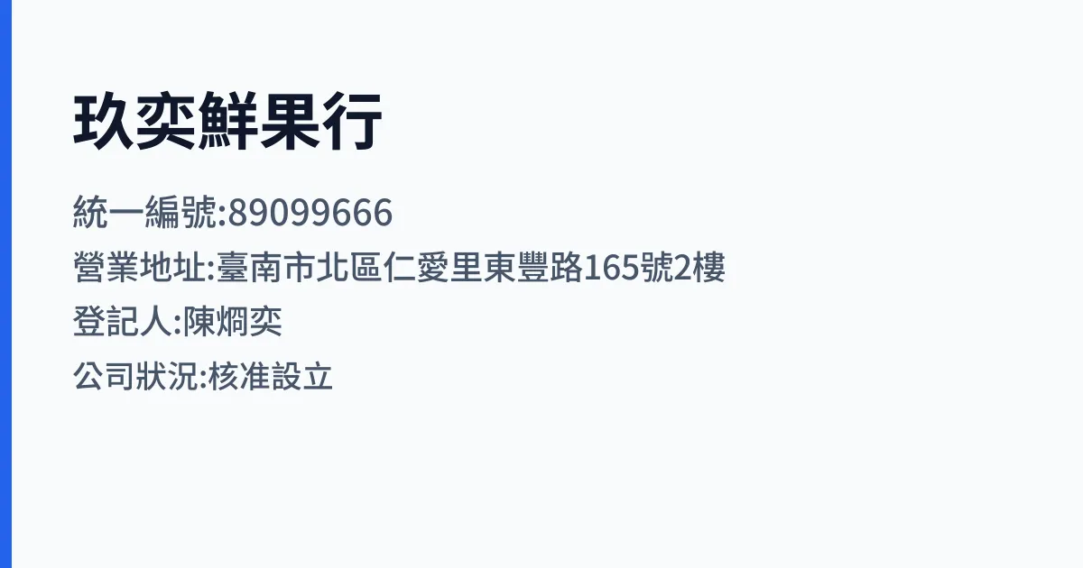 玖奕鮮果行 - 統編 89099666（臺南市） 公司登記資料與營業項目詳細圖表