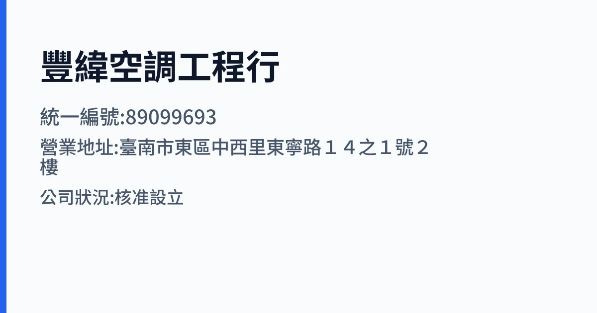 豐緯空調工程行 - 統編 89099693(臺南市) 公司登記資料與營業項目詳細圖表