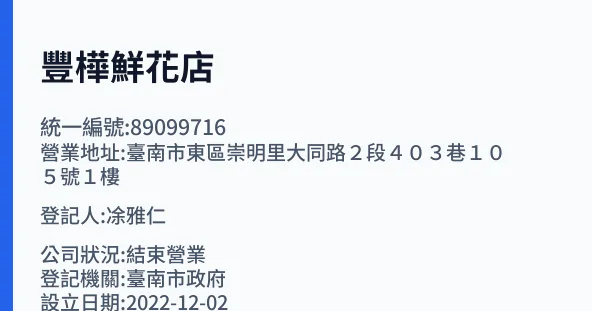 豐樺鮮花店的照片-統編 89099716(臺南市) 公司登記資料與營業項目詳細圖表