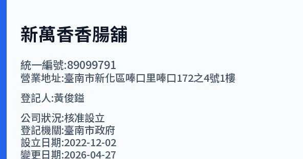 新萬香香腸舖的照片-統編 89099791(臺南市) 公司登記資料與營業項目詳細圖表