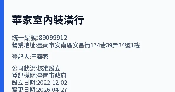 華家室內裝潢行的照片-統編 89099912(臺南市) 公司登記資料與營業項目詳細圖表