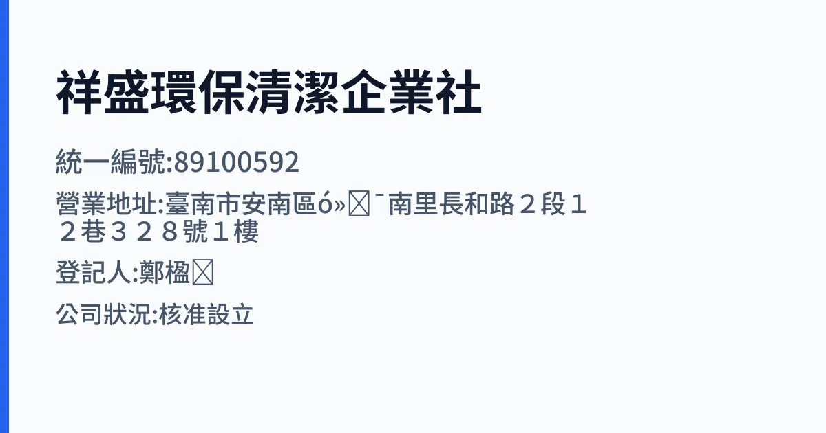祥盛環保清潔企業社 - 統編 89100592(臺南市) 公司登記資料與營業項目詳細圖表