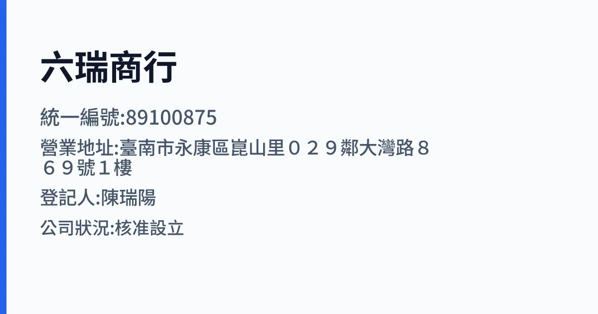 六瑞商行 - 統編 89100875(臺南市) 公司登記資料與營業項目詳細圖表