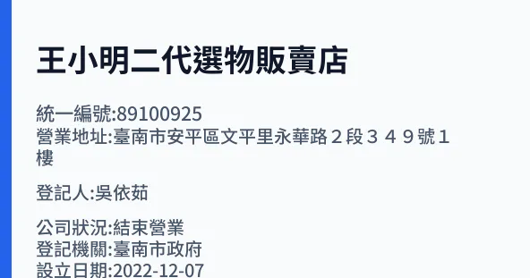 王小明二代選物販賣店的照片-統編 89100925(臺南市) 公司登記資料與營業項目詳細圖表