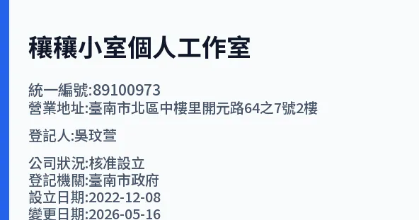 穰穰小室個人工作室的照片-統編 89100973(臺南市) 公司登記資料與營業項目詳細圖表