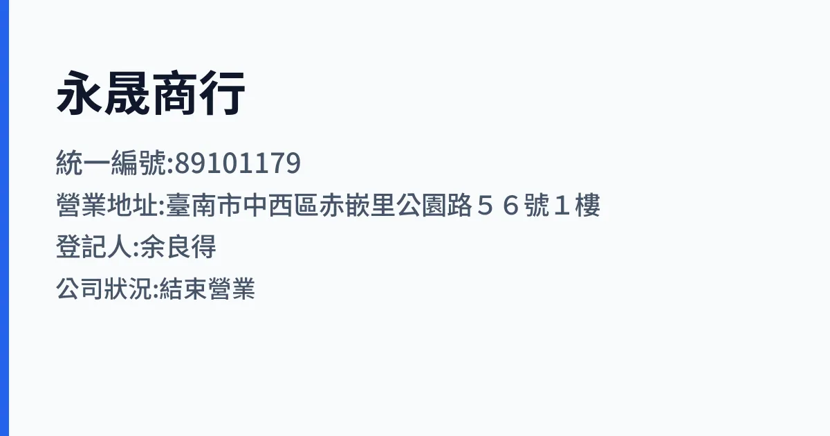 永晟商行 - 統編 89101179(臺南市) 公司登記資料與營業項目詳細圖表