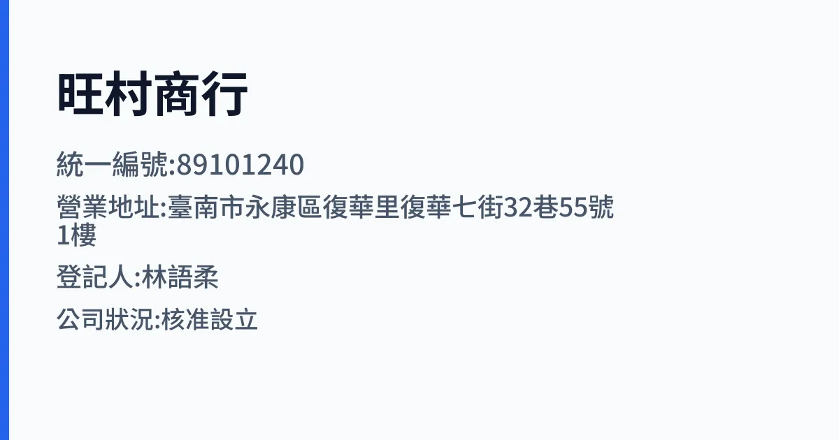 旺村商行 - 統編 89101240(臺南市) 公司登記資料與營業項目詳細圖表