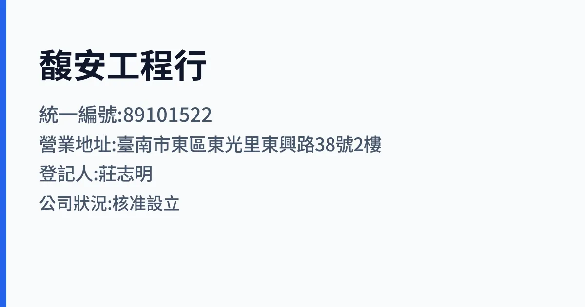 馥安工程行 - 統編 89101522(臺南市) 公司登記資料與營業項目詳細圖表