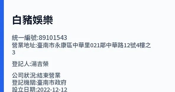 白豬娛樂的照片-統編 89101543(臺南市) 公司登記資料與營業項目詳細圖表