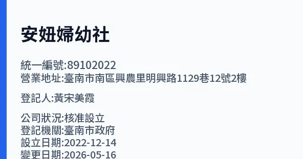 安妞婦幼社的照片-統編 89102022(臺南市) 公司登記資料與營業項目詳細圖表