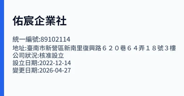 佑宸企業社的照片-統編 89102114(臺南市) 公司登記資料與營業項目詳細圖表