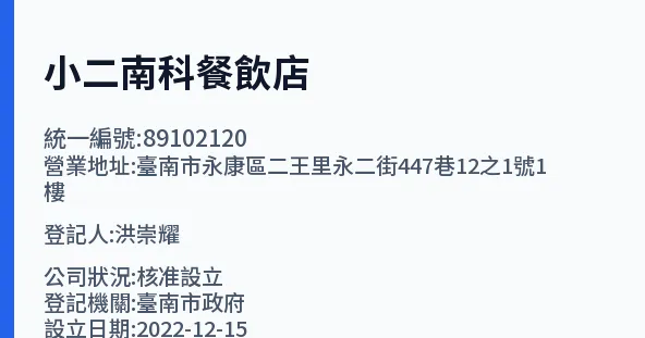 小二南科餐飲店的照片-統編 89102120(臺南市) 公司登記資料與營業項目詳細圖表