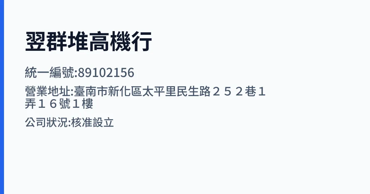 翌群堆高機行 - 統編 89102156(臺南市) 公司登記資料與營業項目詳細圖表