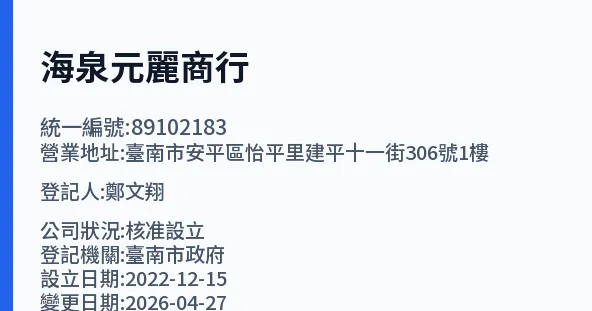 海泉元麗商行的照片-統編 89102183(臺南市) 公司登記資料與營業項目詳細圖表