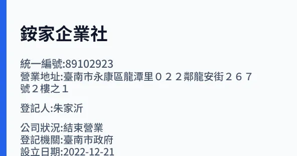 銨家企業社的照片-統編 89102923(臺南市) 公司登記資料與營業項目詳細圖表