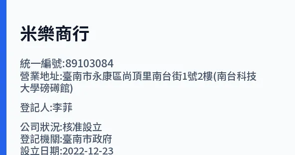 米樂商行的照片-統編 89103084(臺南市) 公司登記資料與營業項目詳細圖表