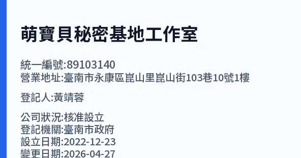 萌寶貝秘密基地工作室的照片-統編 89103140(臺南市) 公司登記資料與營業項目詳細圖表