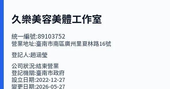 久樂美容美體工作室的照片-統編 89103752(臺南市) 公司登記資料與營業項目詳細圖表