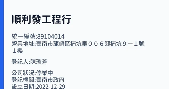 順利發工程行的照片-統編 89104014(臺南市) 公司登記資料與營業項目詳細圖表