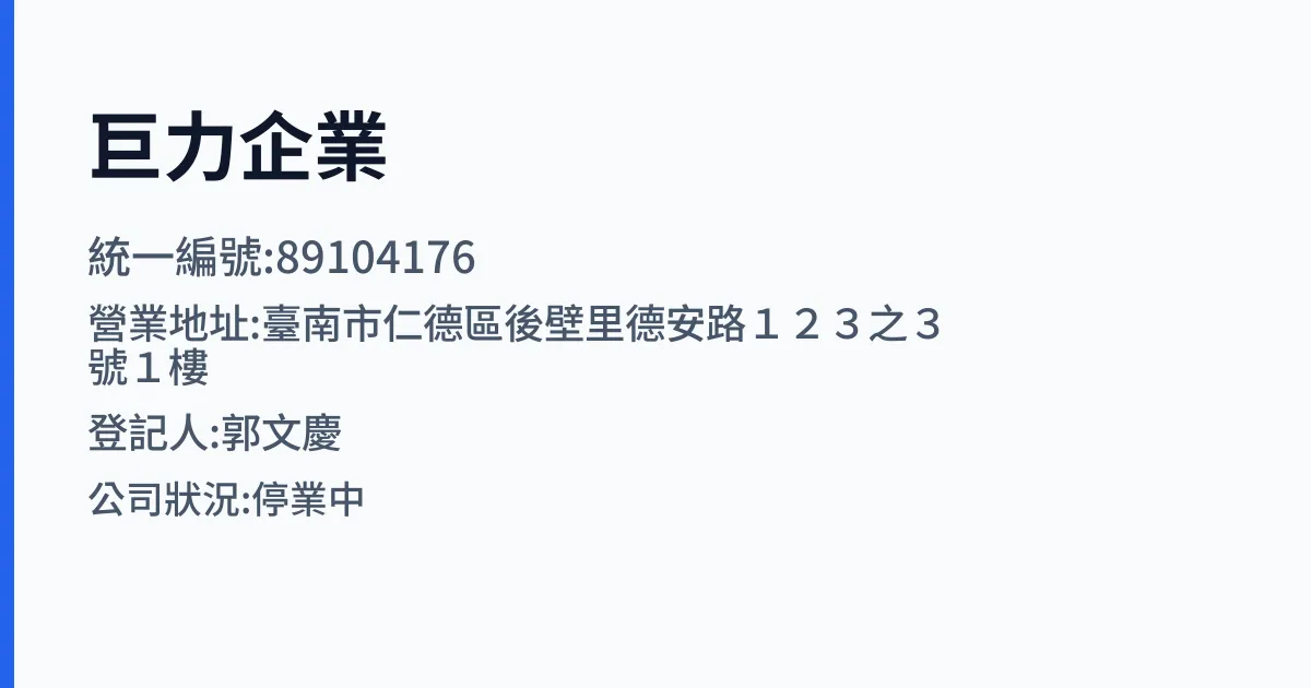 巨力企業 - 統編 89104176(臺南市) 公司登記資料與營業項目詳細圖表