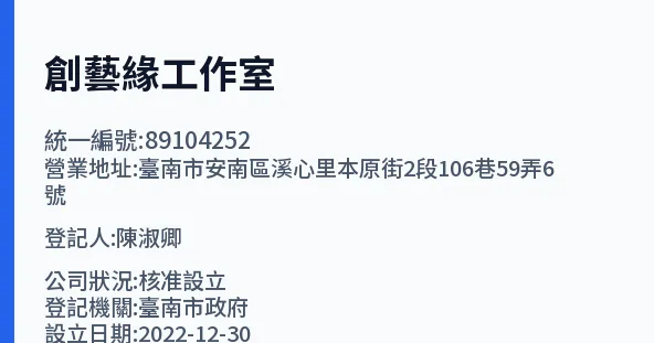 創藝緣工作室的照片-統編 89104252(臺南市) 公司登記資料與營業項目詳細圖表